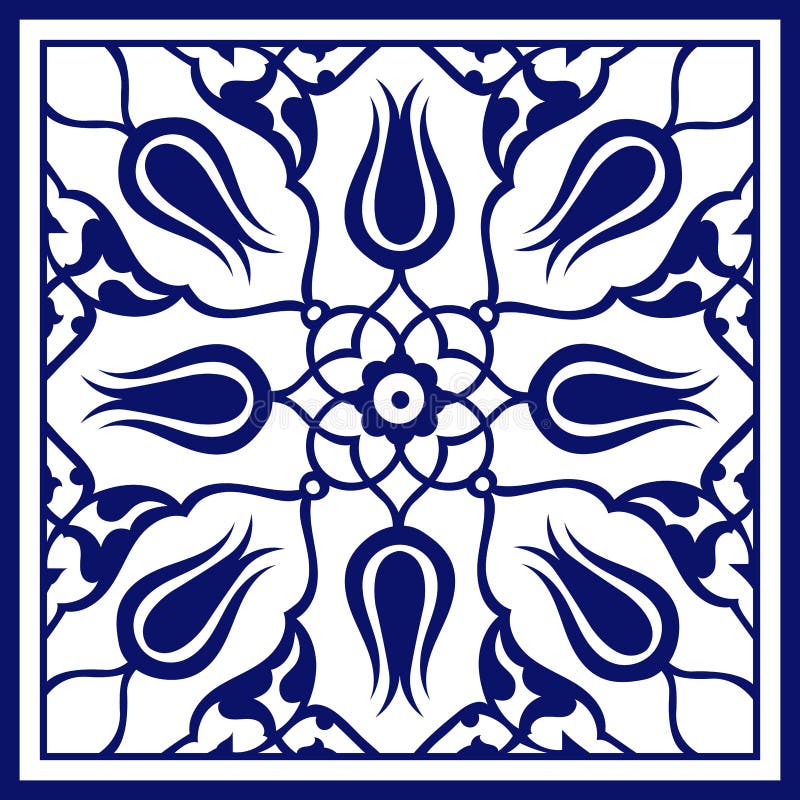 Turkish Square Blue Floral Tile Art Pattern Stock Vector - Illustration ...