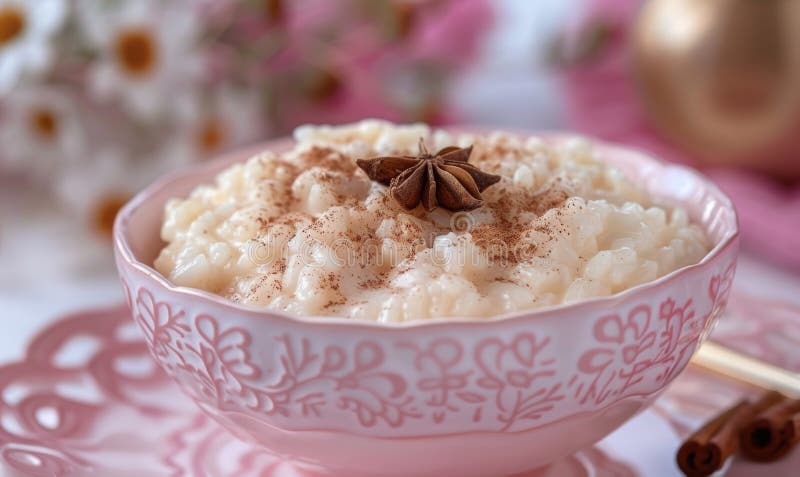 Turkish Sutlac (rice Pudding) with Cinnamon on a Pastel Pink Plate ...