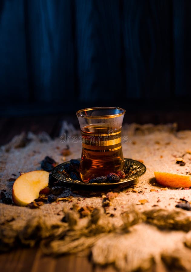 Turkish Tea with Apple Slices Oriental Theme in Warm Cold Light Stock ...