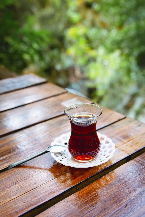 Turkish Tea. Black Tea in a National Turkish Cup. Glass of Armudu ...