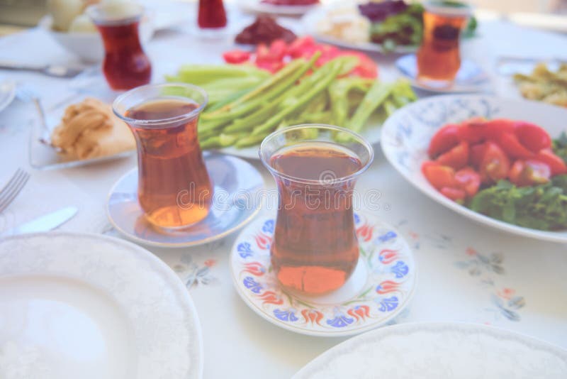 Turkish Tea and Breakfast on Table in the Morning Stock Photo - Image ...