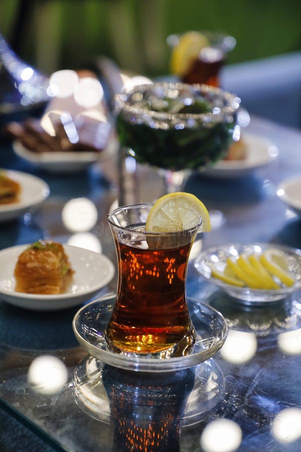 Turkish Tea with Lemon on a Glass Table Stock Photo - Image of beverage ...