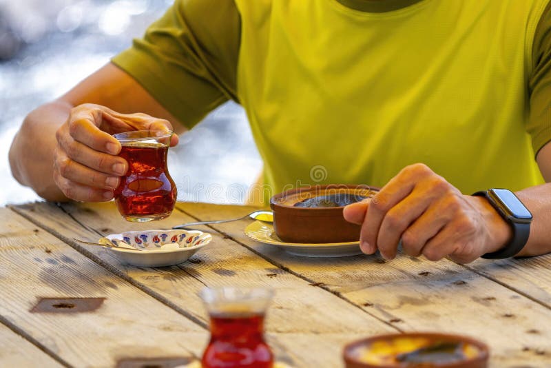 Turkish Tea and Rice Pudding on the Table Stock Image - Image of ...