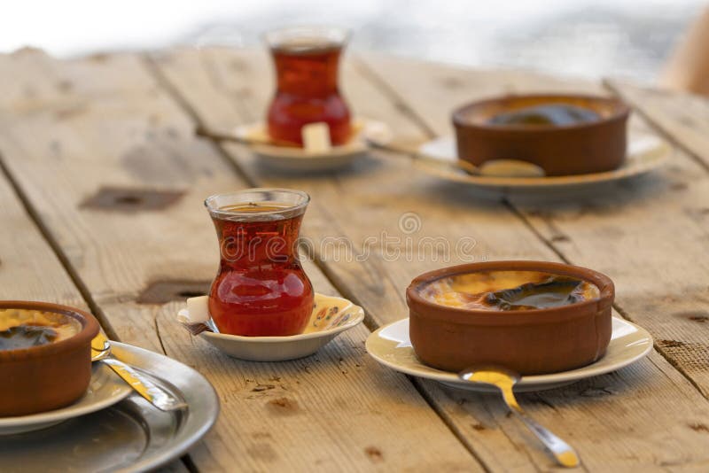 Turkish Tea and Rice Pudding on the Table Stock Image - Image of oven ...
