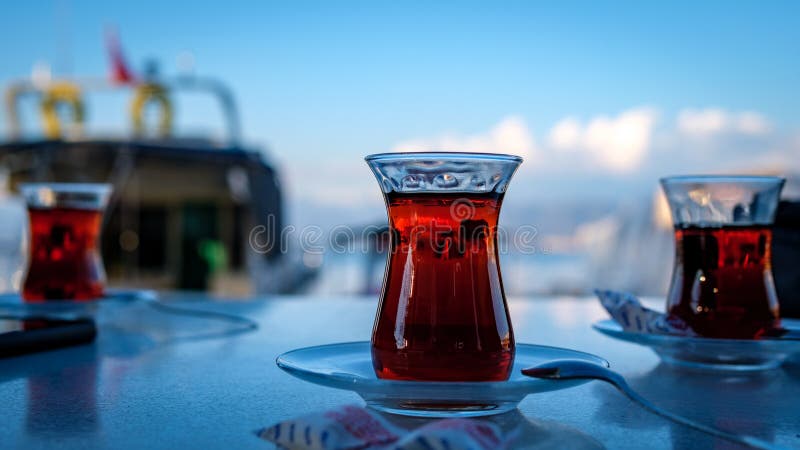 Turkish Tea, Three Glasses of Turkish Tea on a Table, Side View Stock ...