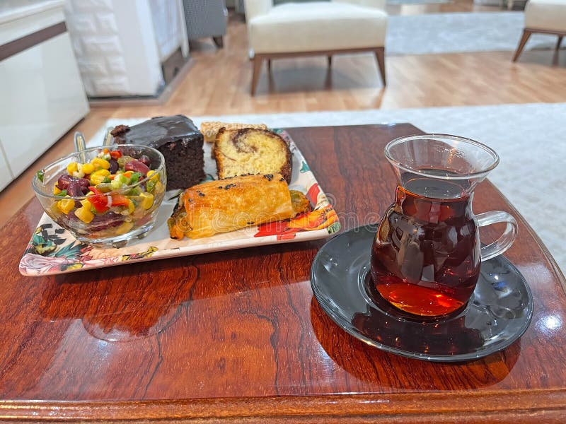Turkish Tea and Various Foods Served on a Brown Coffee Table Stock ...