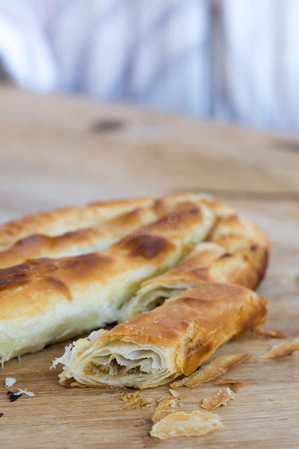 Turkish Traditional Burek with Meat on the Wooden Board Stock Photo ...