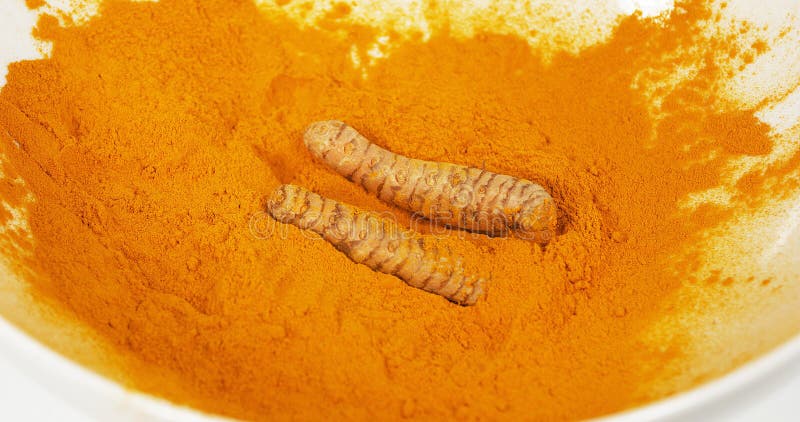 Turmeric, Curcuma Longa, Root Falling on Curcuma Powder, Indian Spice ...