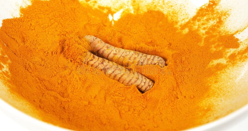 Turmeric, Curcuma Longa, Root Falling on Curcuma Powder, Indian Spice ...