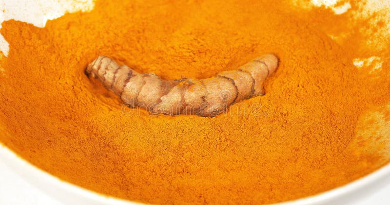 Turmeric, Curcuma Longa, Root Falling on Curcuma Powder, Indian Spice ...