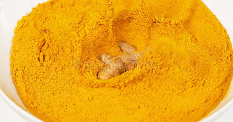 Turmeric, Curcuma Longa, Root Falling on Curcuma Powder, Indian Spice ...