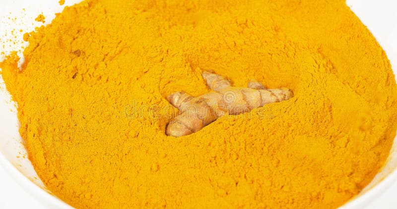 Turmeric, Curcuma Longa, Root Falling on Curcuma Powder, Indian Spice ...