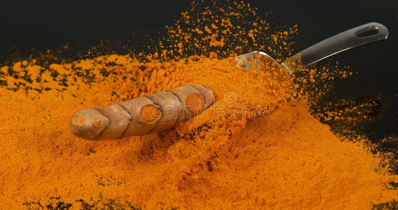 Turmeric, Curcuma Longa, Root Falling on Curcuma Powder, Indian Spice ...