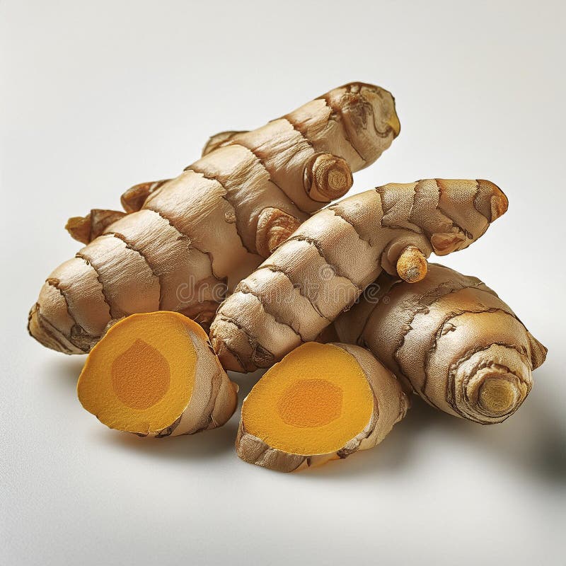 Turmeric or Curcumin Longa Root with Slice Isolated on White Background ...