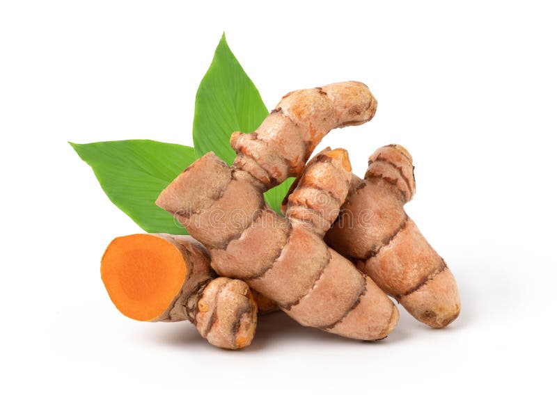 Turmeric Curcumin Rhizomes and Leaves Isolated on a White Background ...