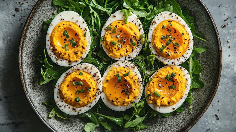 Turmeric Deviled Eggs, Arugula, Overhead Shot, Kitchen Counter Stock ...