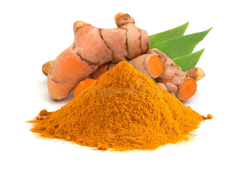 Turmeric Curcumin Rhizomes, Powder, and Green Leaves Isolated on White ...