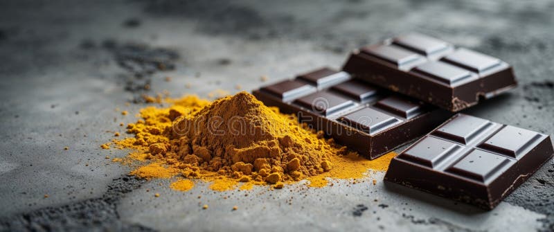 Turmeric Powder with Dark Chocolate Bars on Concrete Background Stock ...