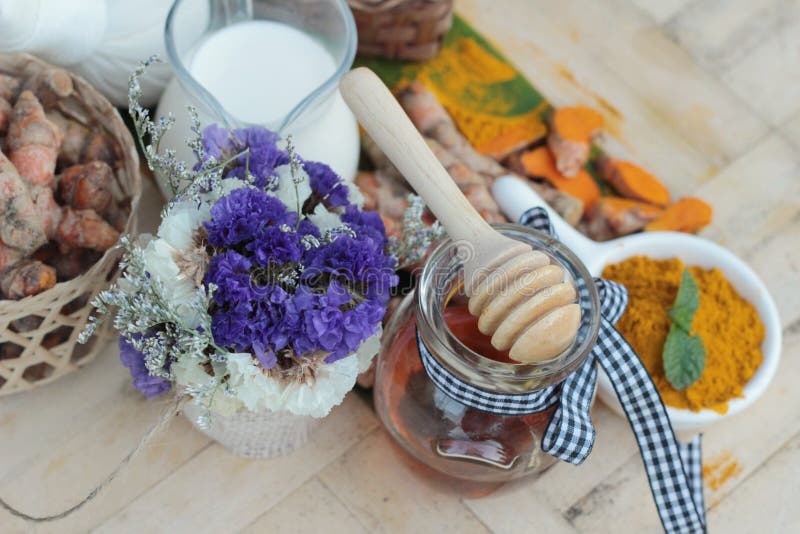 Turmeric Powder with Honey and Milk for Scrub. Stock Image - Image of ...