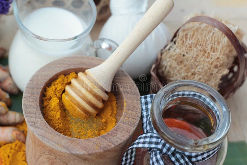 Turmeric Powder with Honey and Milk for Scrub. Stock Image - Image of ...