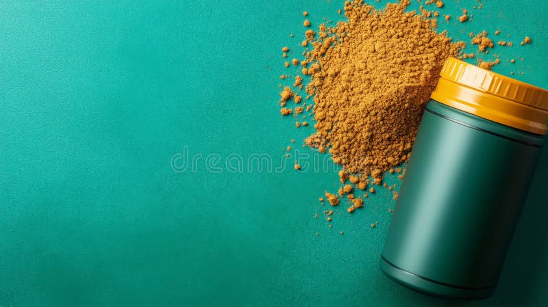 Turmeric Powder Spill with Green Plastic Container on Teal Background ...