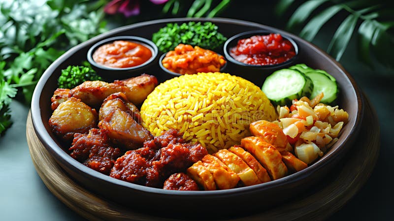 Turmeric Rice, Grilled Chicken, Tofu, and Assorted Sauces on a Dark ...