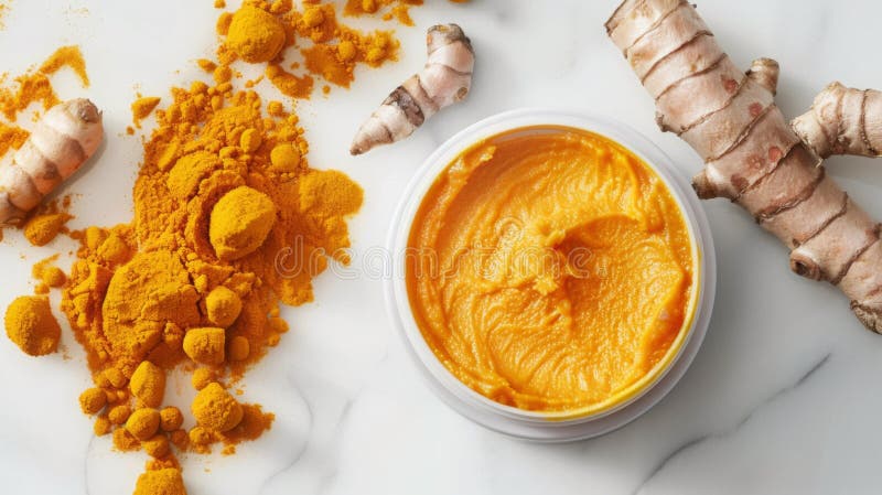 Turmeric Root and Paste on White Marble Surface Stock Image - Image of ...