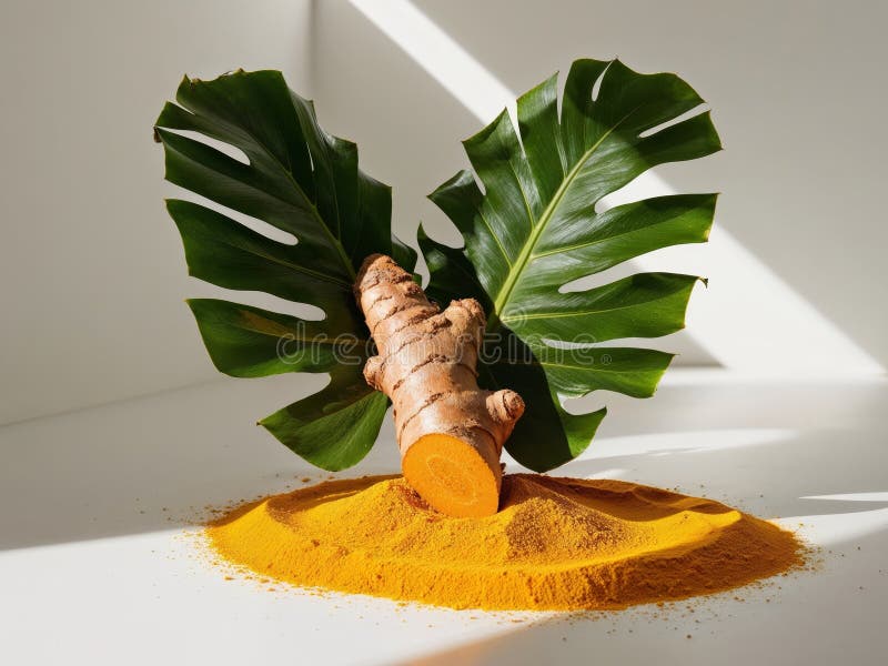 Turmeric Root and Powder on Tropical Leaf Stock Photo - Image of ...
