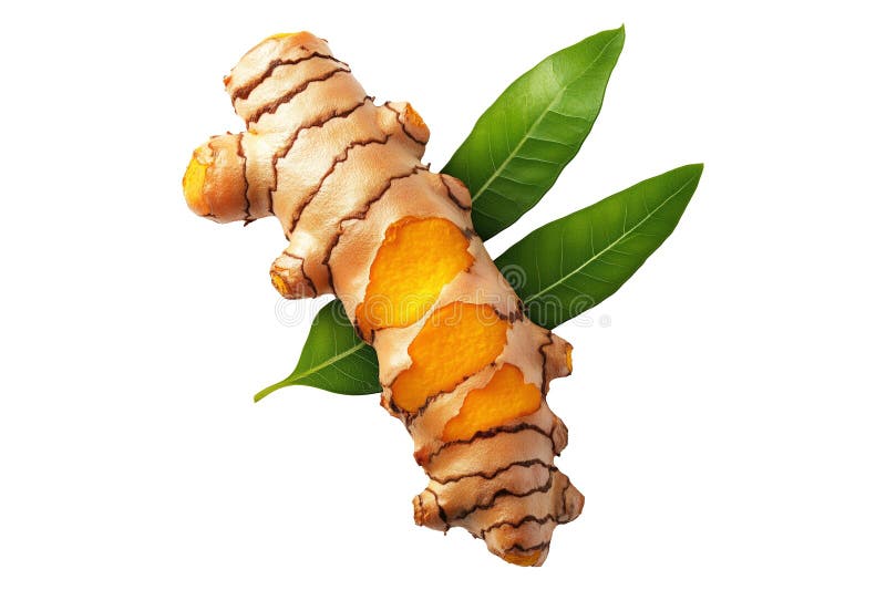 Turmeric Root with Sliced Pieces and Green Leaves Isolated on White ... Turmeric Root with Sliced Pieces and Green Leaves Isolated on White ...