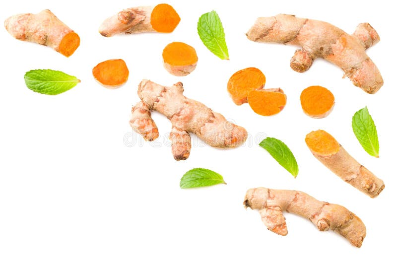 Turmeric Root with Turmeric Slices Isolated on White Background. Top ...