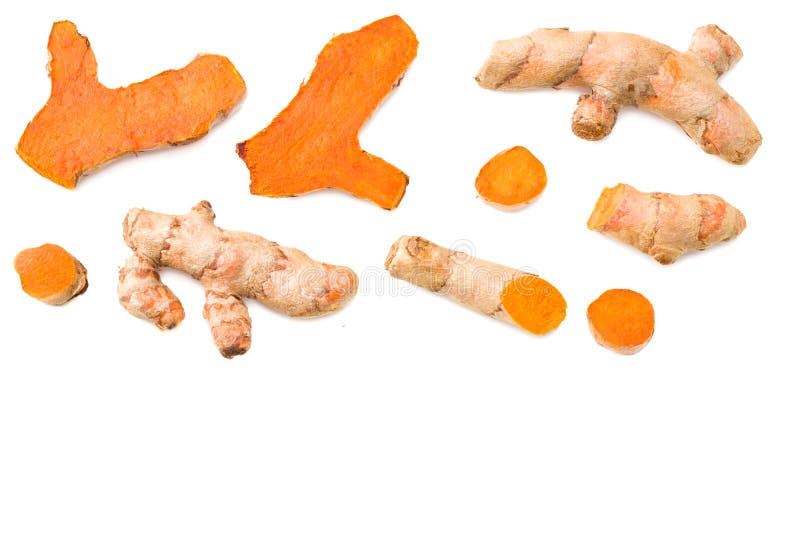 Turmeric Root with Turmeric Slices Isolated on White Background. Top ...