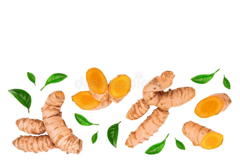 Turmeric Root and Slices Isolated on White Background. Top View Stock ...
