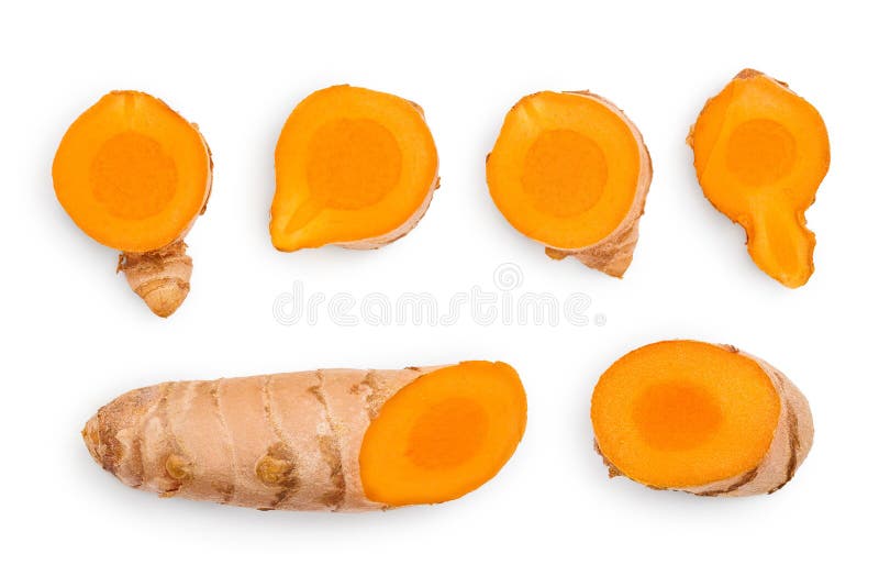 Turmeric Root and Slices Isolated on White Background. Top View Stock ...