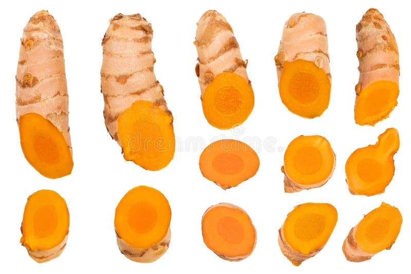 Turmeric Root and Slices Isolated on White Background. Top View Stock ...