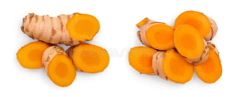 Turmeric Root Slices Isolated on White Background. Top View Stock Photo ...