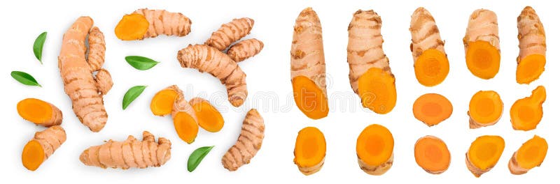 Turmeric Root and Slices Isolated on White Background. Top View Stock ...