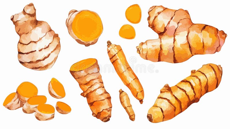 Turmeric Root Watercolor Design Elements Set for Creative Projects Stock Vector - Illustration ...