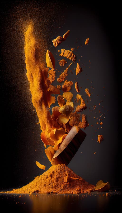 Turmeric Roots and Turmeric Powder Creatively Falling-Dripping Flying ...