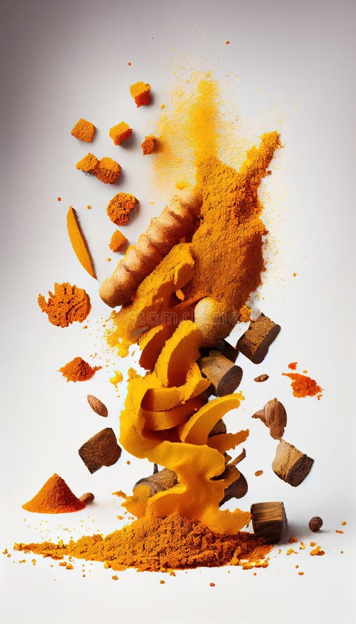 Turmeric Roots and Turmeric Powder Creatively Falling-Dripping Flying ...