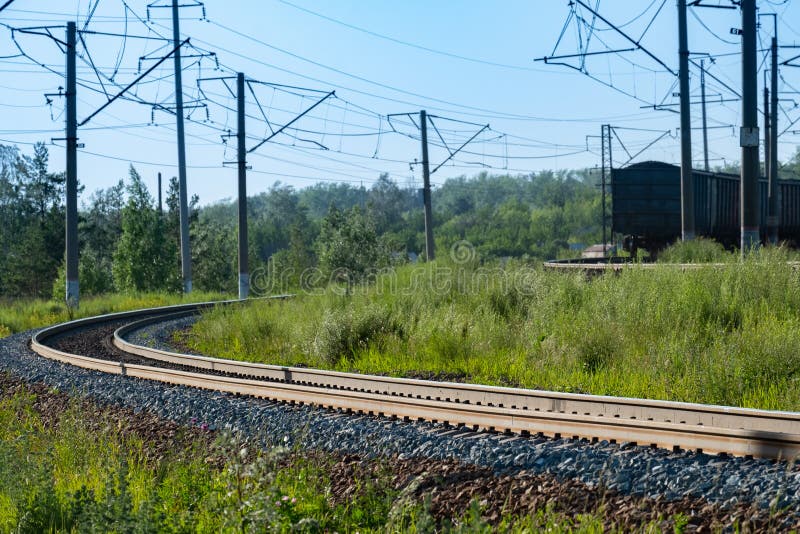 Turn of the Railway Road in the Forest, Outgoing Freight Train Stock ...