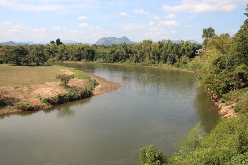 Turn of the River Against the Backdrop of a Mountainous Green Area ...