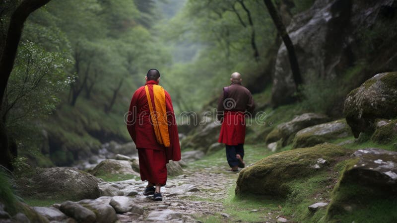 Chinese Monks Walking on Mountains. Generative AI Stock Illustration ...