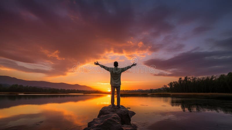 Turned Back Person Standing in Front of Sunset Generative AI Stock ...