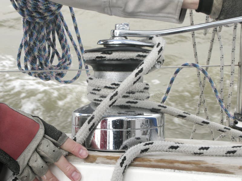 Turning Rope on a Winch of Sailboat Stock Image - Image of detail ...