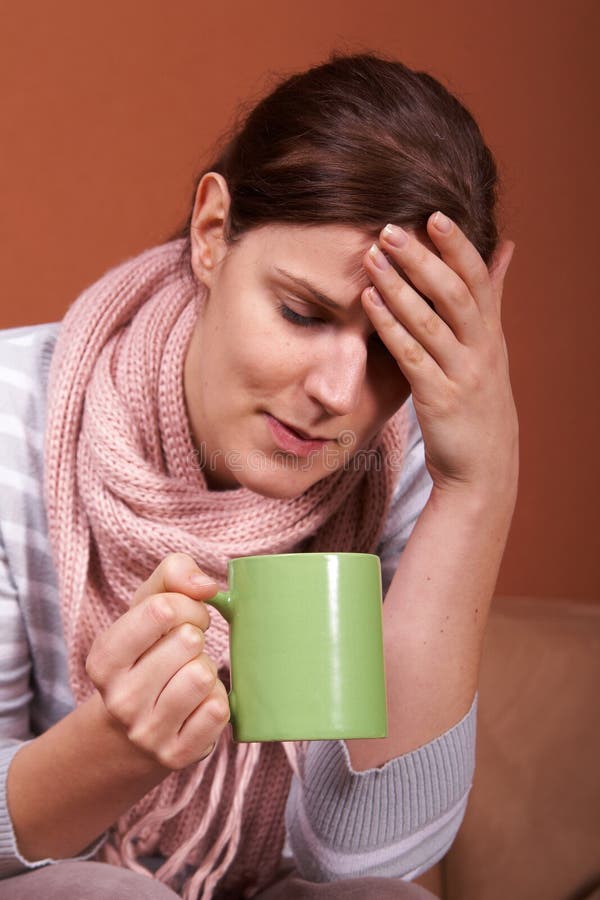 Woman with Thermometer Sick Colds, Flu, Fever, Headache in Bed Stock ...