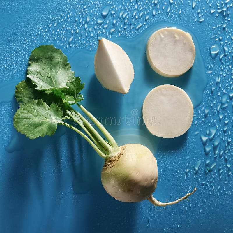 Turnip Floating on Blue Clear Water with Glittering Droplets Stock ...