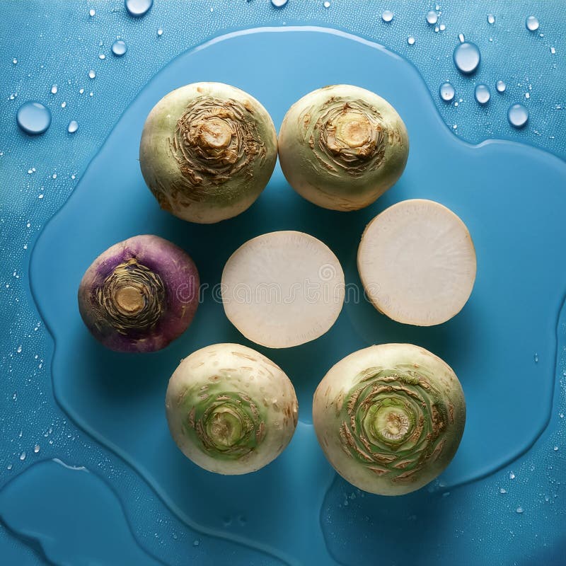 Turnip Floating on Blue Clear Water with Glittering Droplets Stock ...