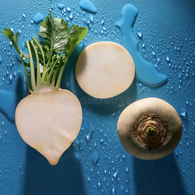 Turnip Floating on Blue Clear Water with Glittering Droplets Stock ...