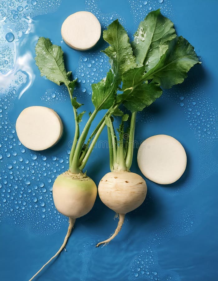 Turnip Floating on Blue Clear Water with Glittering Droplets Stock ...