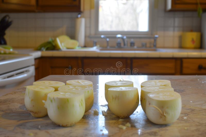 Turnips Cut in Half for Cow Hooves on a Kitchen Table Display Stock ...